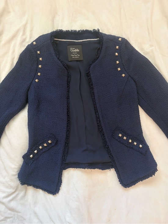 Zara | Jackets & Coats | Zara Trafaluc Navy Fringe Tweed Jacket | Poshmark